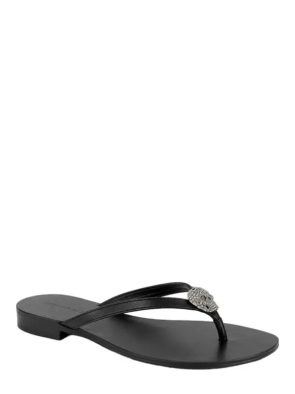 Philipp Plein Nappa Leather Crystal Skull Flip Flop Sandals - Black