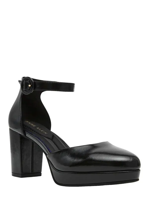 Anne Klein Faith Platform Ankle Strap Pump - Black Crinkle