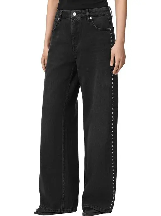 ALLSAINTS Sway Studded High Waist Wide Leg Jeans - Washed Black