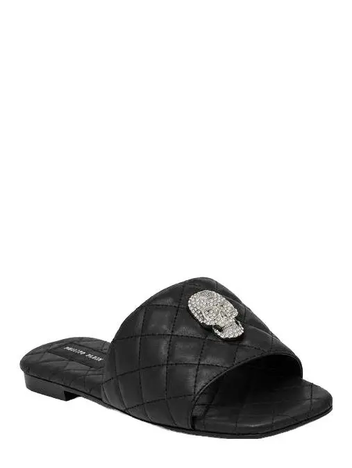 Philipp Plein Nappa Flat Matelasse Sandals With Crystal Skull Embellishment - Black