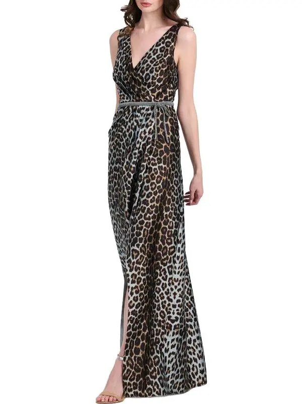 EMILY SHALANT Leopard Print Sleeveless V-neck Gown With Belt - Blue Multi