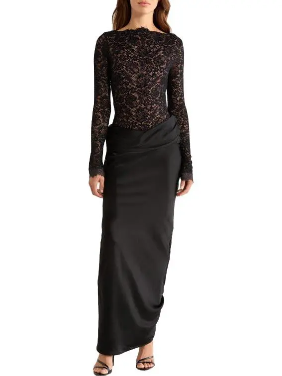 House Of Cb Yasmeen Long Sleeve Lace Bodysuit And Satin Skirt Set - Black