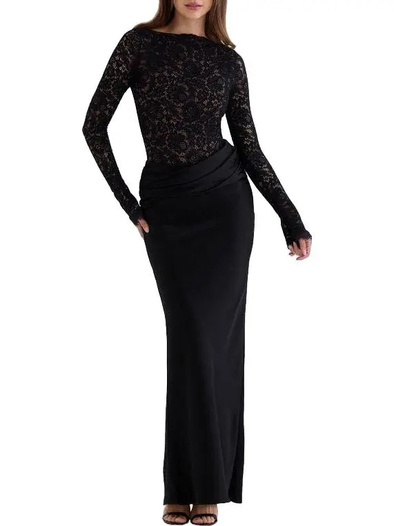 House Of Cb Yasmeen Long Sleeve Lace Bodysuit And Satin Skirt Set - Black