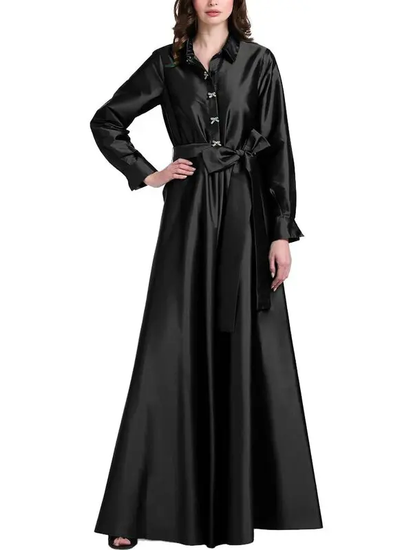 EMILY SHALANT Crystal Bow Button Long Sleeve Taffeta A-line Gown - Black