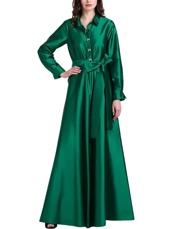 EMILY SHALANT Crystal Bow Button Long Sleeve Taffeta A-line Gown - Emerald