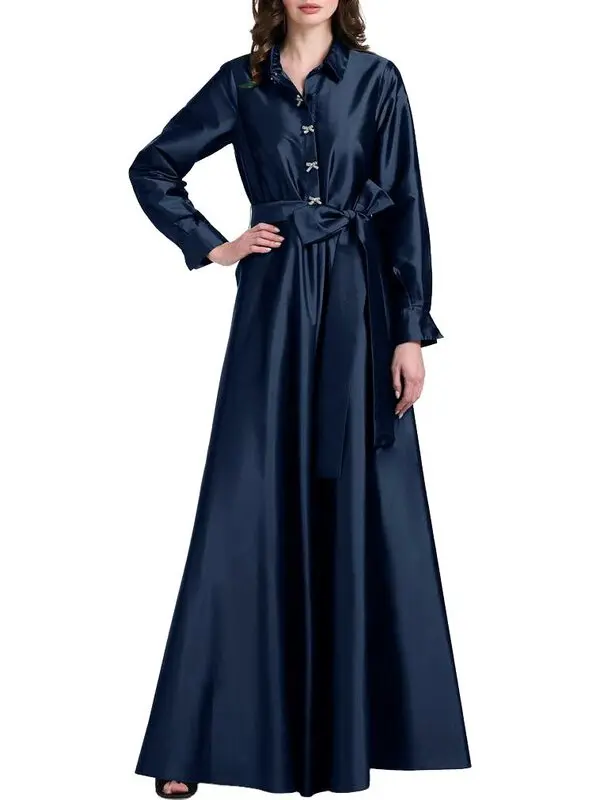 EMILY SHALANT Crystal Bow Button Long Sleeve Taffeta A-line Gown - Navy