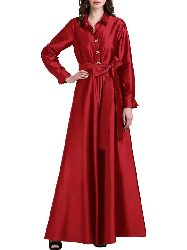 EMILY SHALANT Crystal Bow Button Long Sleeve Taffeta A-line Gown - Red