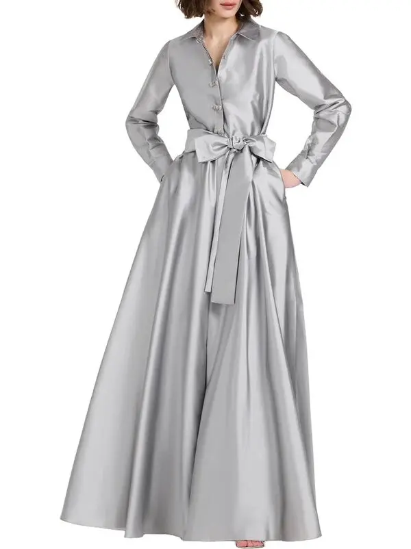 EMILY SHALANT Crystal Bow Button Long Sleeve Taffeta A-line Gown - Silver