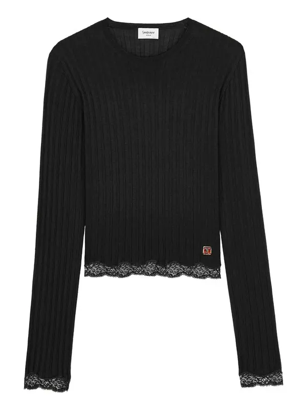 Saint Laurent Cassandre Laced Top In Ribbed Wool, Cashmere, And Silk - Noir