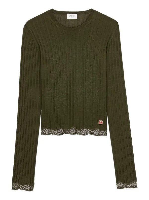 Saint Laurent Cassandre Laced Top In Ribbed Wool, Cashmere, And Silk - Kaki