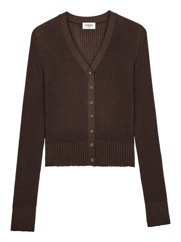 Saint Laurent Ribbed Knit V-neck Cardigan - Brun