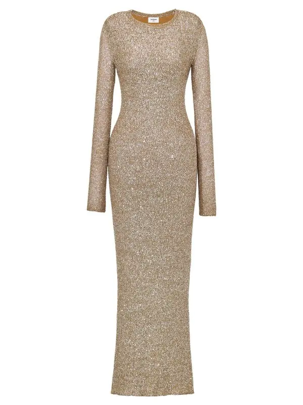 Saint Laurent Long Sequin Dress In Knit - Marron/argent