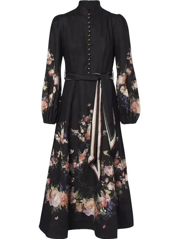 Zimmermann Valiant Belted Floral Linen Midi Dress - Black