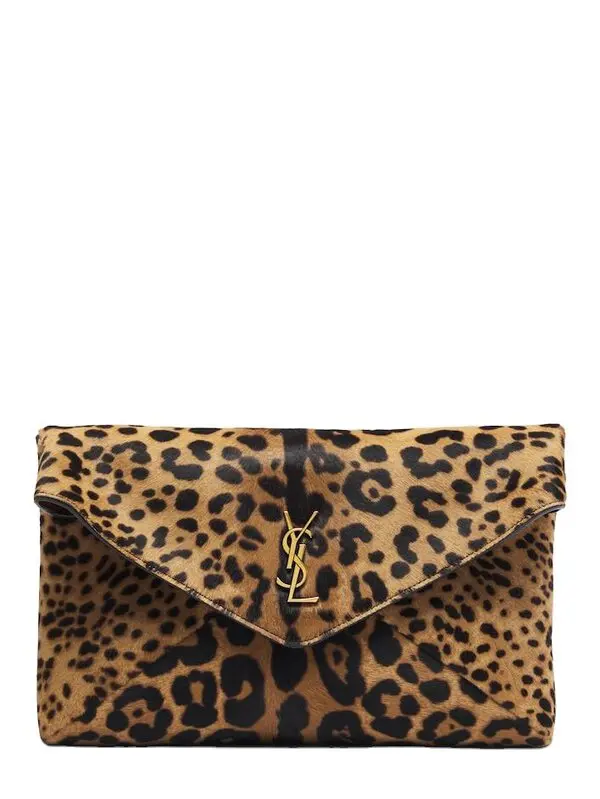 Saint Laurent Cassandre Leopard-print Calf Hair Pouch - Brown