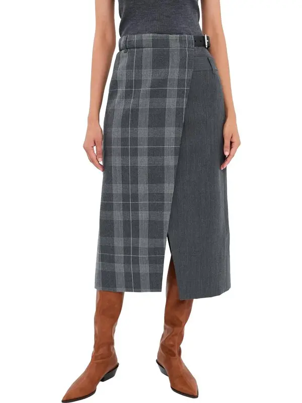 Tibi Papery Wool Plaid Double Apron Skirt - Grey Multi