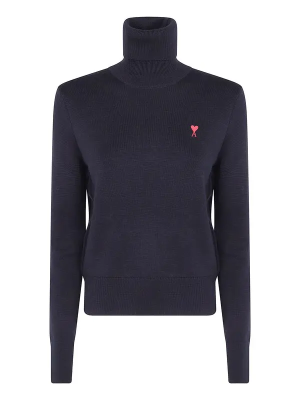 AMI Paris Wool Turtleneck Sweater With De Coeur Emblem - Black