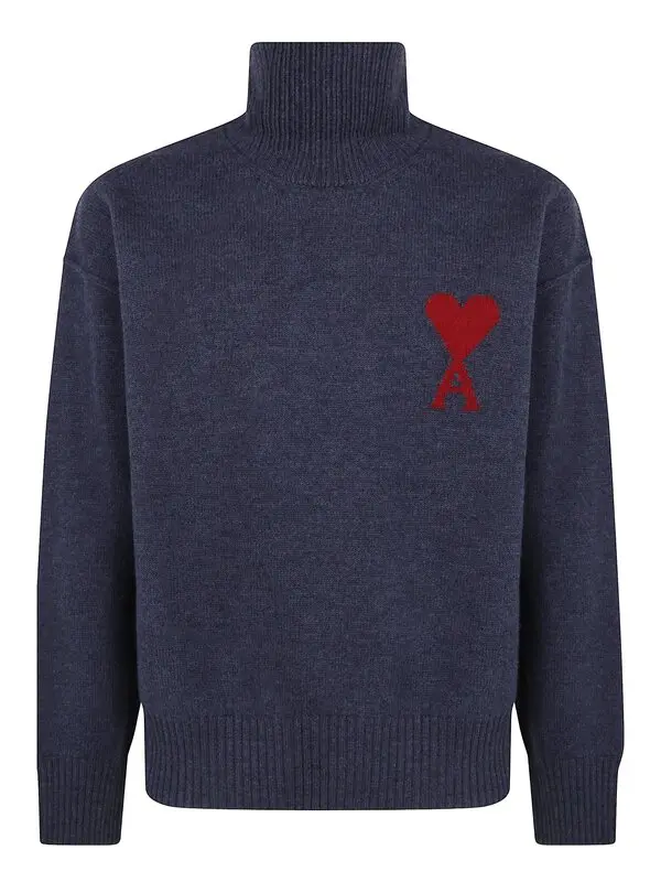 AMI Paris Wool Funnel Neck Sweater With De Coeur Appliqu - Gray