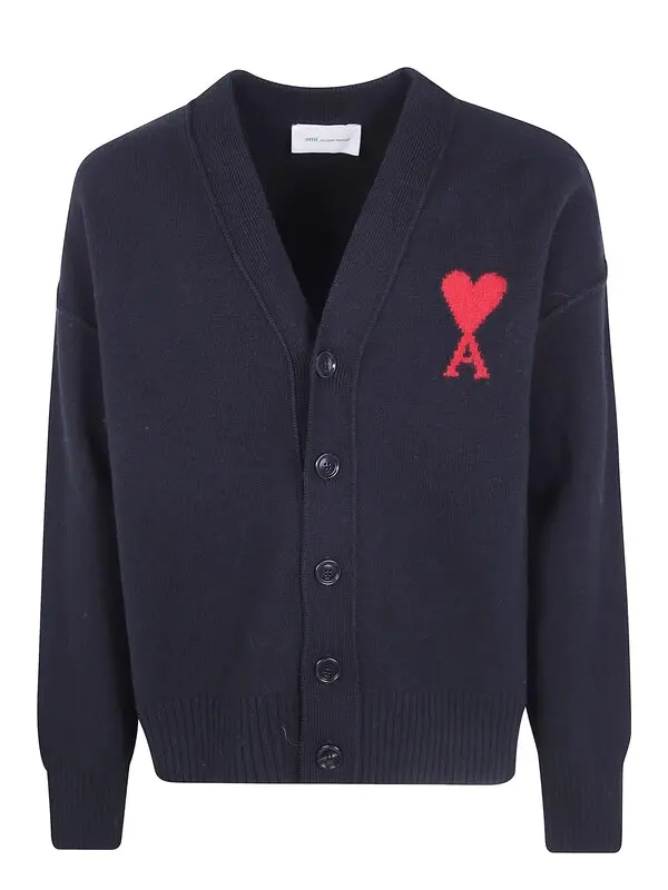 AMI Paris V-neck " De Coeur" Wool Cardigan - Black