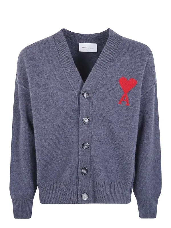 AMI Paris V-neck Cardigan With De Coeur Detail - Blue