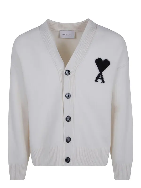 AMI Paris De Coeur" V-neck Cardigan - Beige