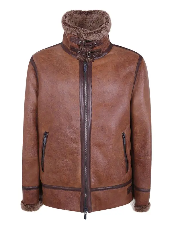 Brunello Cucinelli Leather Jacket With Fur Trim - Brown