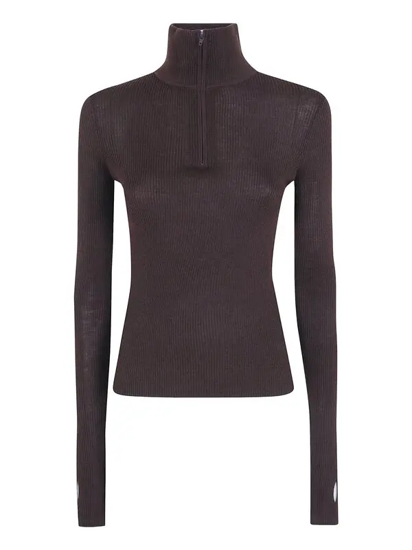 THE FRANKIE SHOP Zip-up Ribbed Sweater In Merino Wool And Silk Blend - Brown