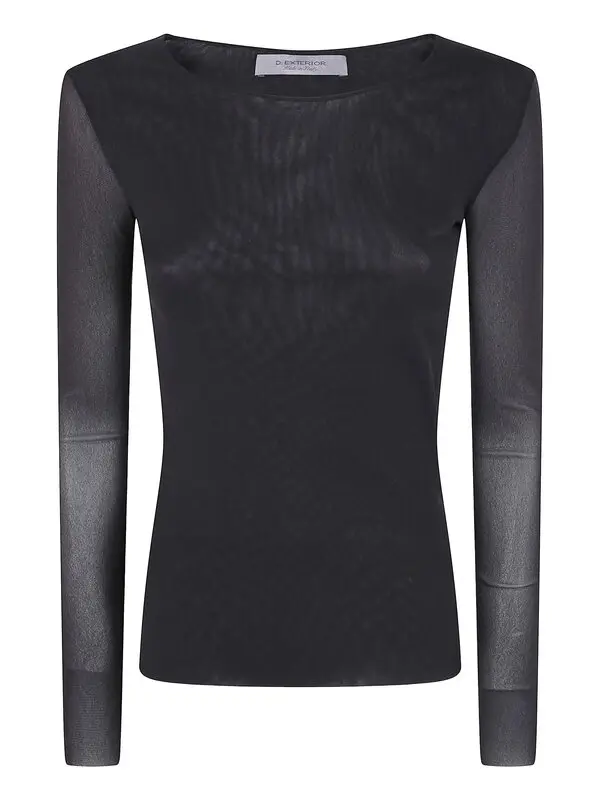 D.exterior Long Sleeve Round Neck Tulle Top - Brown