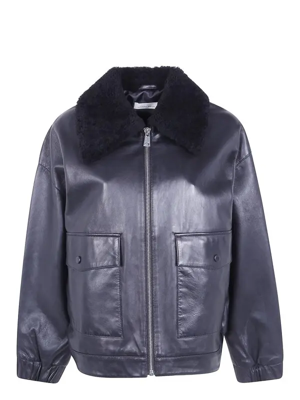Liviana Conti Leather Bomber Jacket With Fur Collar - Black