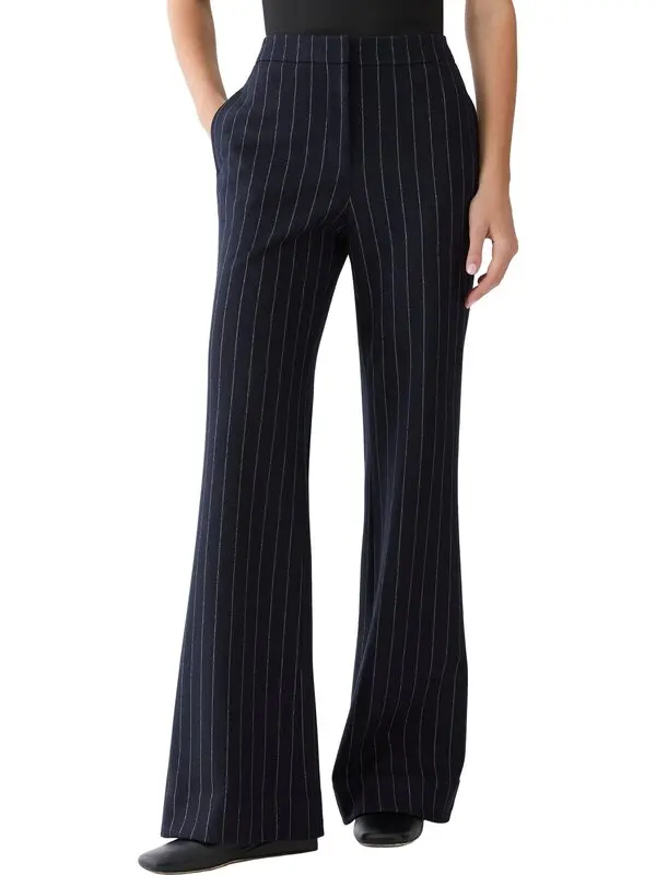 Lafayette 148 New York High Rise Flared Pinstripe Wool Jersey Pants - Navy Multi