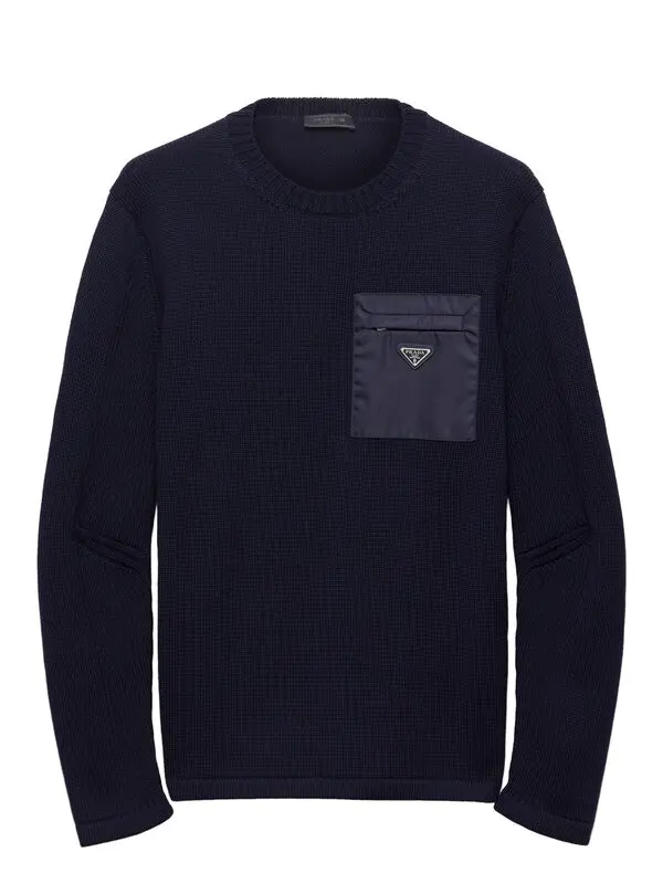 Prada Virgin Wool Crew Neck Sweater With Nylon Pocket - Blue