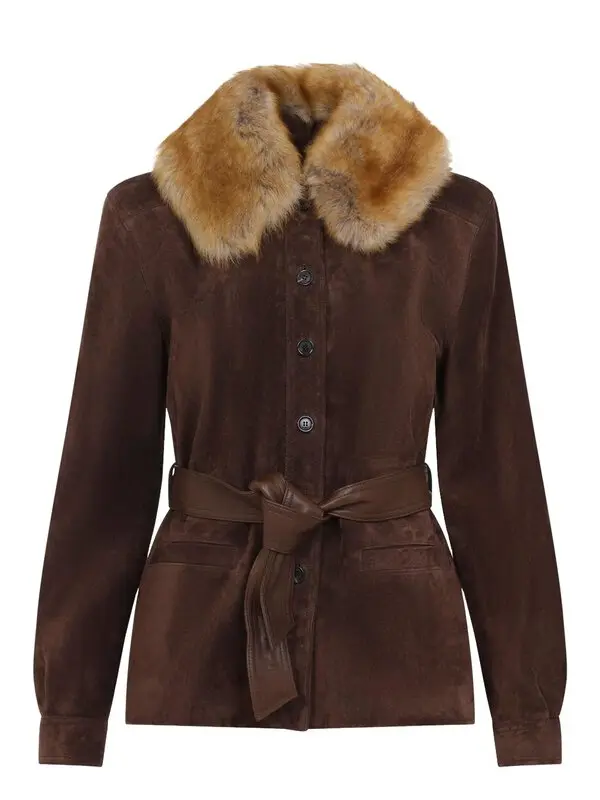 Saint Laurent Suede Belted Jacket With Removable Shearling Collar - Multicolor