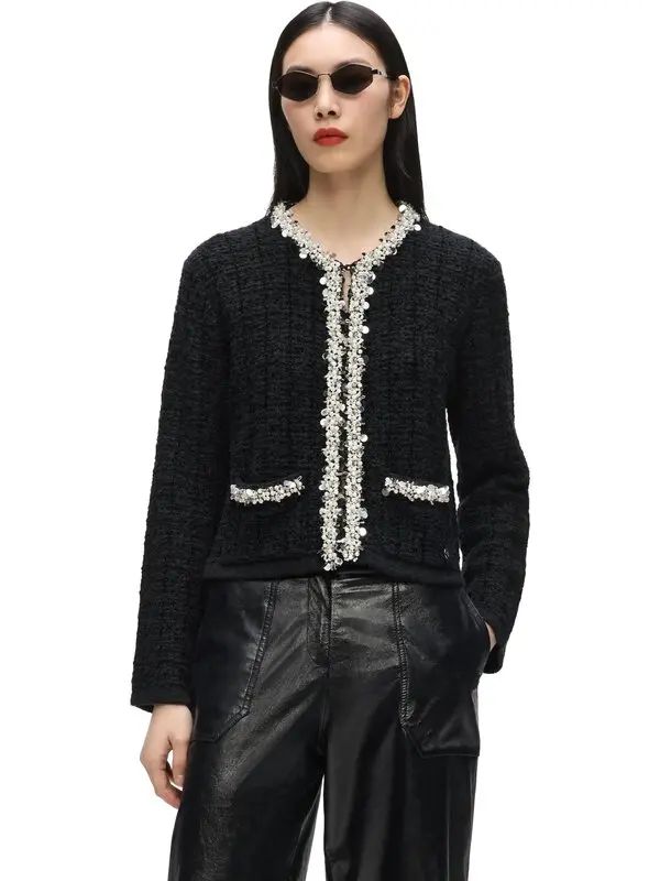 Karl Lagerfeld Textured Beaded Cardigan - Black