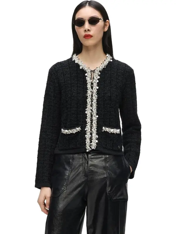 Karl Lagerfeld Textured Beaded Cardigan - Black