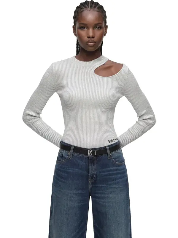 KL JEANS Jeans Metallic Ribbed Sweater With Shoulder Cut-out - Silver