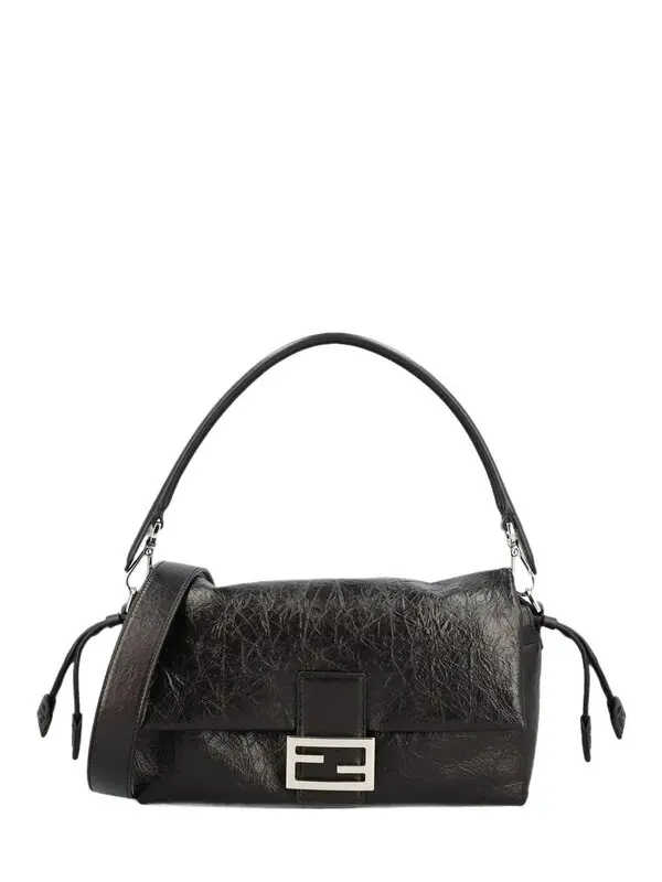 Fendi Baguette Soft Bag In Crackled Calfskin - Black