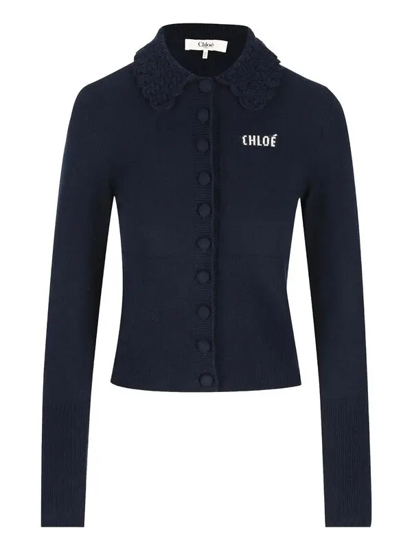 Chloé Wool Cardigan With Button Detail And Logo - Blue