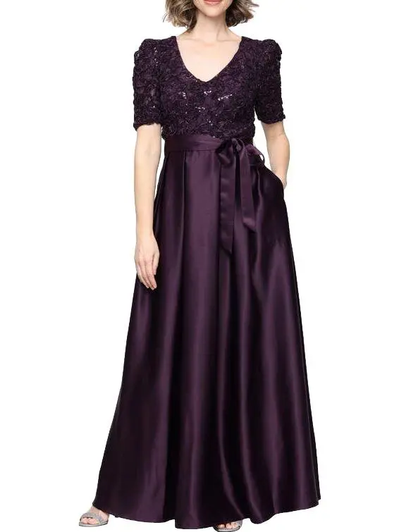 Alex Evenings Sequin Soutache Bodice Empire Waist A-line Gown - Deep Plum