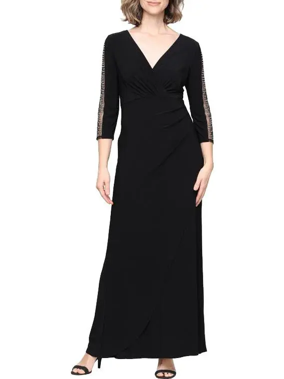 SL FASHIONS Beaded Sleeve Empire Waist Gown - Black