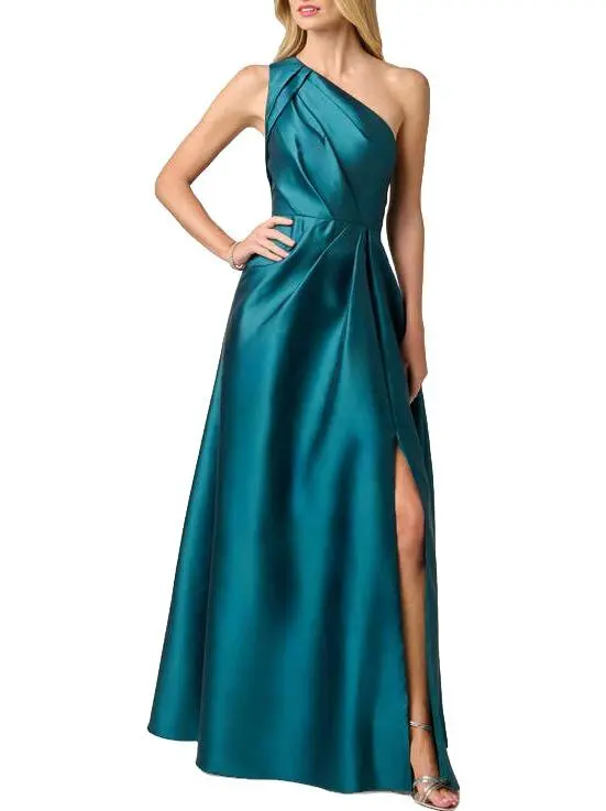 Adrianna Papell One-shoulder Pleated Mikado Gown - Hunter