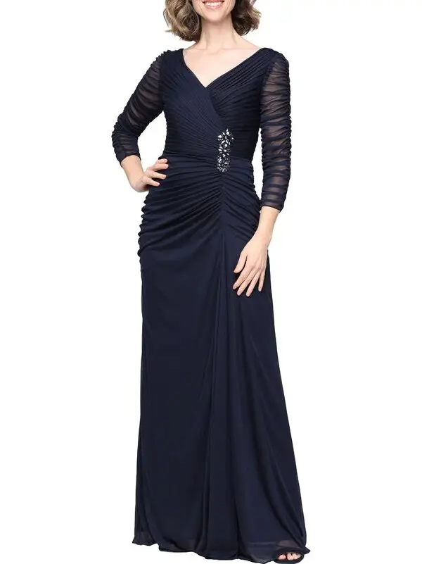 Alex Evenings Pleated Chiffon Gown With Illusion Sleeves - Navy