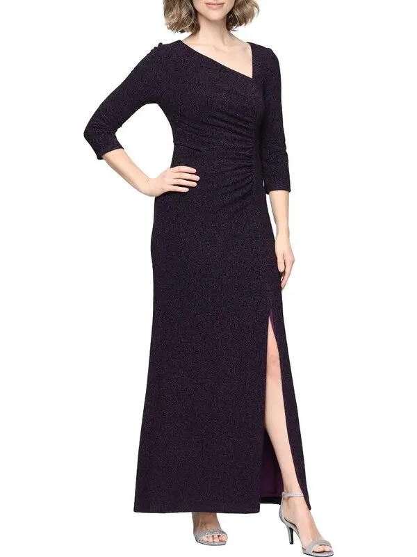 SL FASHIONS Metallic Knit Ruched Asymmetrical Neck Cocktail Dress - Plum