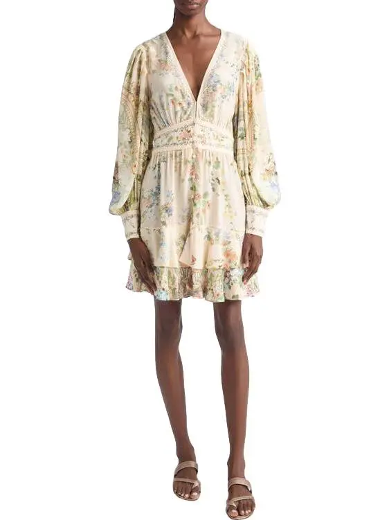Camilla Silk Floral Print Long Sleeve Dress With Embellished Waistband - Midsummer Masterpiece