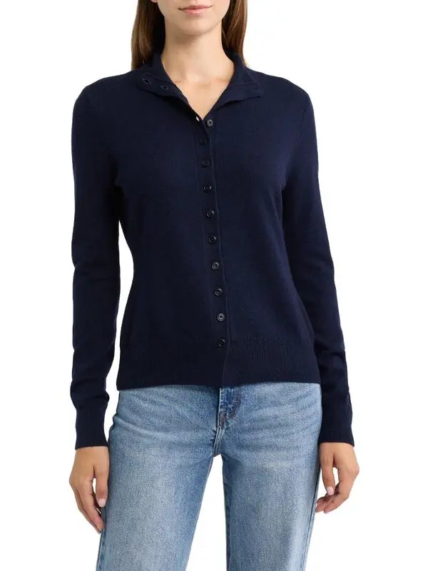 ROWING BLAZERS Merino Wool & Cashmere Mock Neck Button-up Sweater - Heather Navy