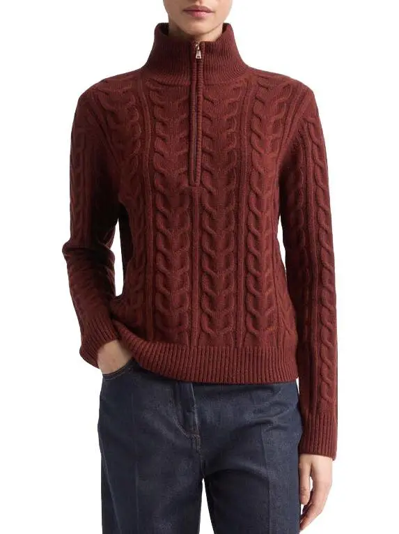 Max Mara Libero Cable Knit Cashmere Quarter Zip Sweater - Rust