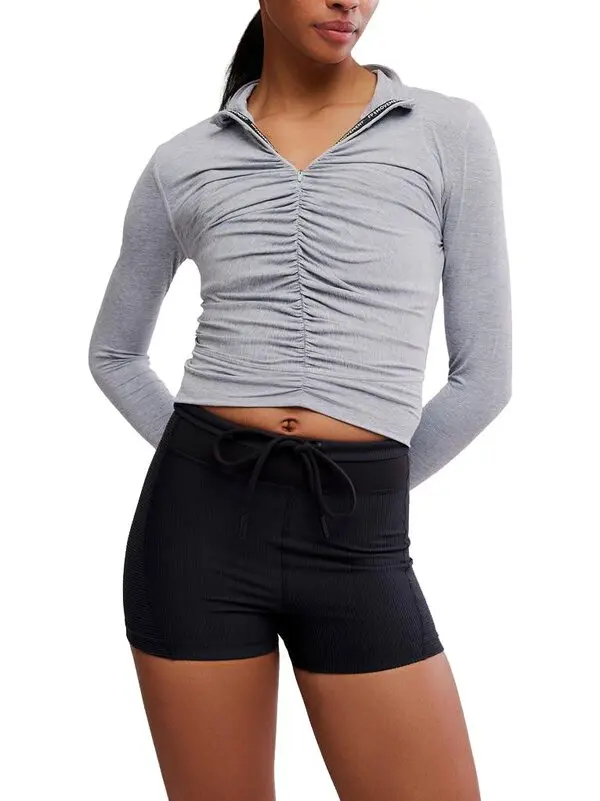 Free People Tempo Ruched Half-zip Cropped Pullover - Heather Grey