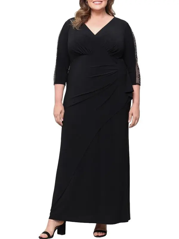 SL FASHIONS Beaded Sleeve Empire Waist Gown - Black