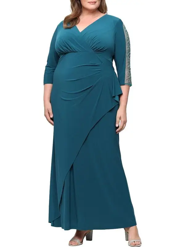 SL FASHIONS Beaded Sleeve Empire Waist Gown - Mallard