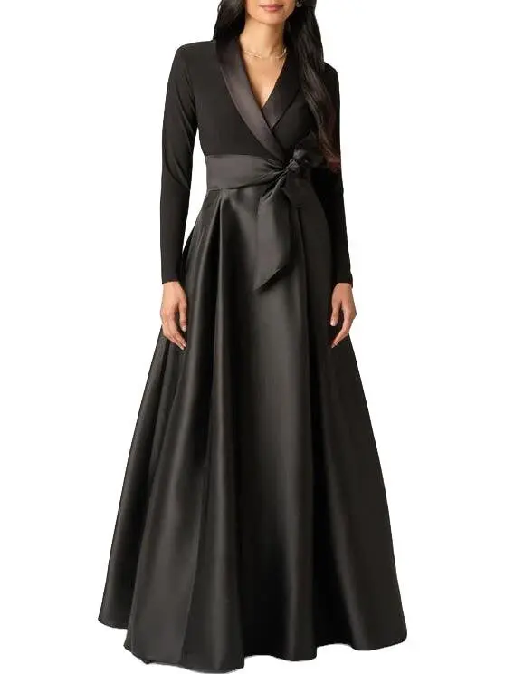 Adrianna Papell Mixed Media Long Sleeve Tuxedo Gown - Black