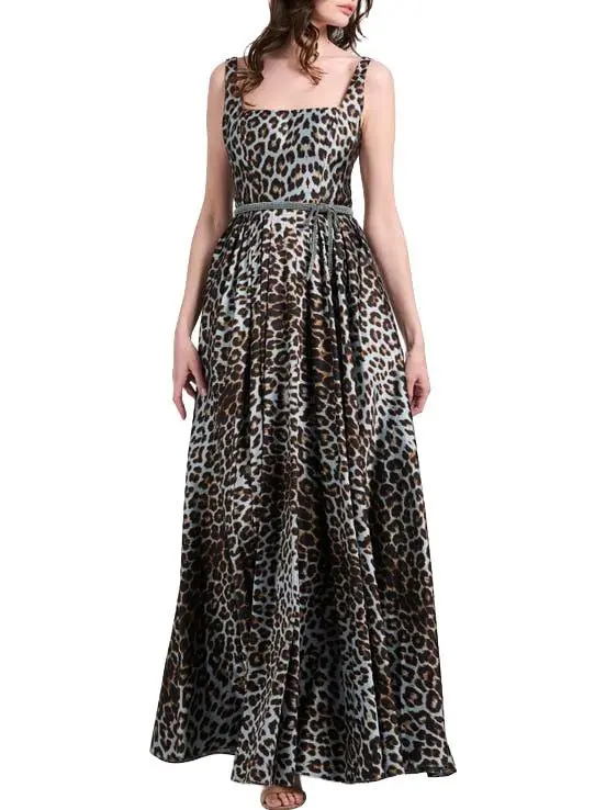 EMILY SHALANT Animal Pleated Square Neck Taffeta Ballgown - Blue Multi