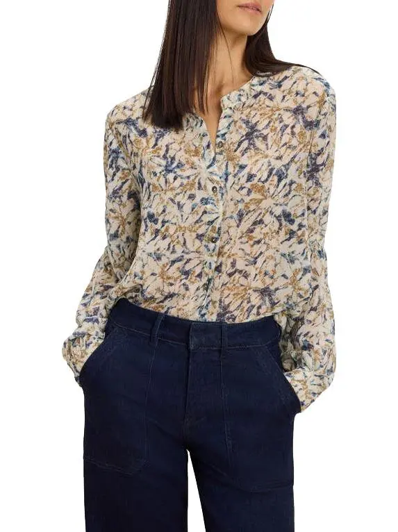NIC+ZOE Bloomsbury Chiffon Band Collar Button-up Shirt - Neutral Multi